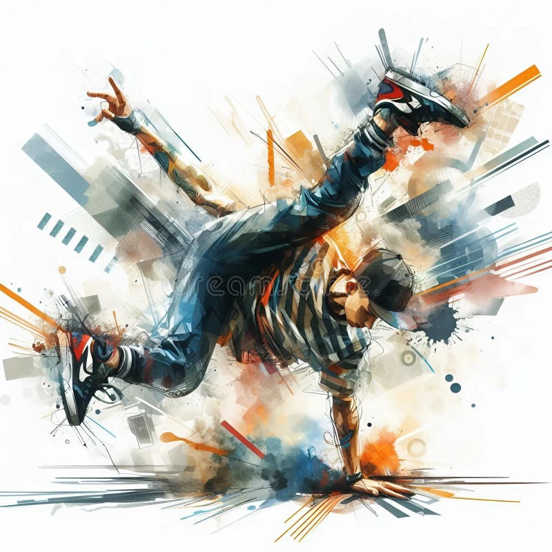 Abstract Watercolor Illustration of a Young Man Performing a Breakdance ...