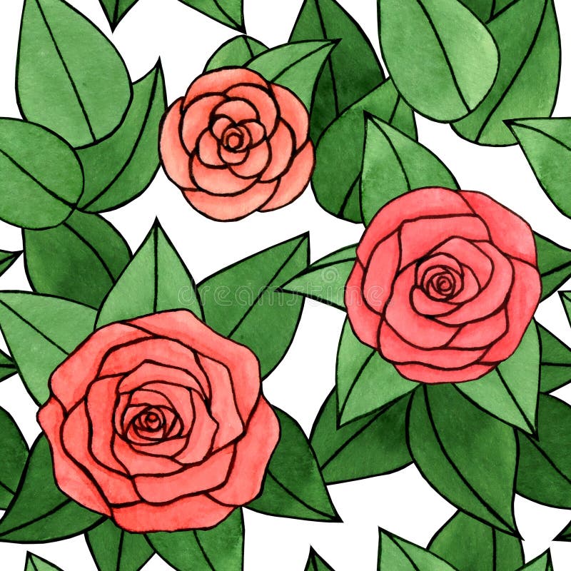 Abstract Watercolor and Ink Rose with Leaves Seamless Pattern on the ...