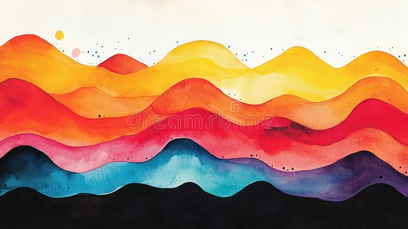 Abstract Watercolor Landscape with Flowing Waves in Warm Colors Stock ...