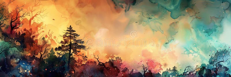 Abstract Watercolor Multicolored Forest. Wide Format Banner Stock Photo ...