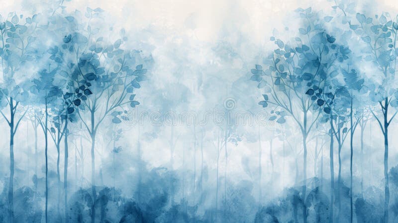 Abstract Watercolor Painting of a Blue Forest with Misty Trees Stock ...