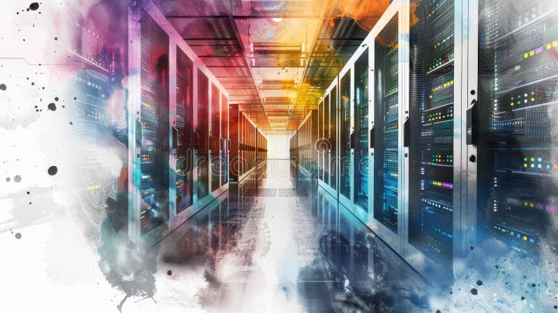 Abstract Watercolor Painting Depicting a Data Center with Servers ...
