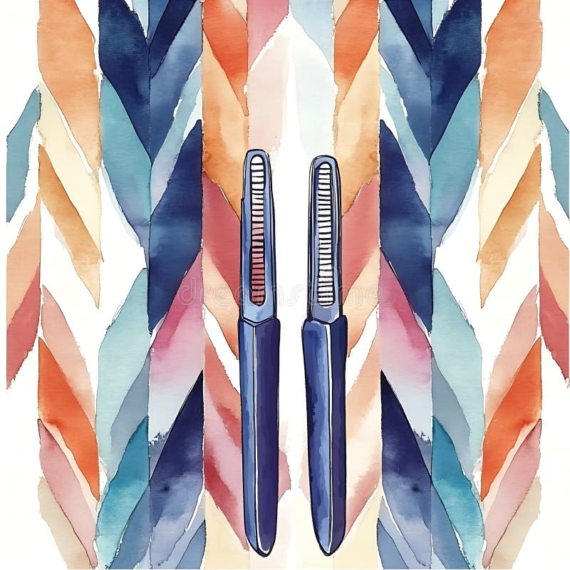 Abstract Watercolor Painting of Two Blue Objects with a Chevron ...