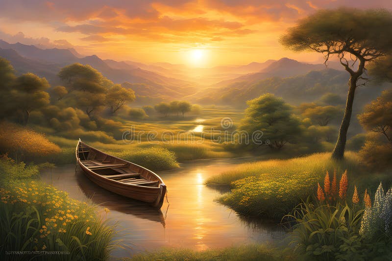 Reflection of Sunset in the River. Abstract Watercolor Painting Stock ...