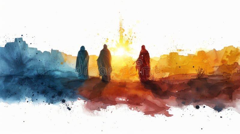 Abstract Watercolor Painting of Three Figures at Sunset Stock Photo ...