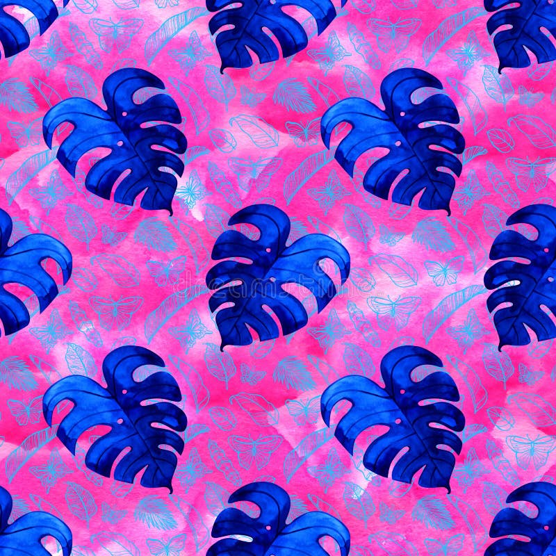 Abstract Watercolor Seamless Pattern With Monstera Leaves Abstract