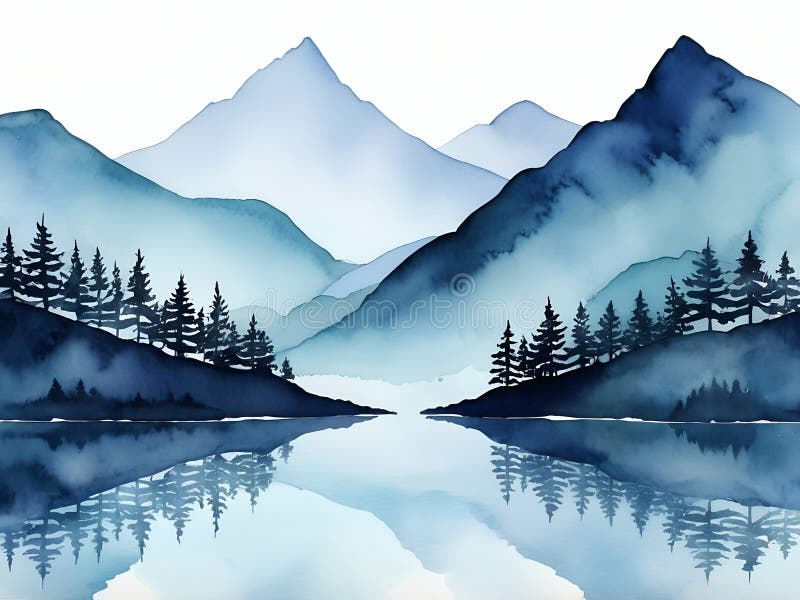 Abstract Watercolor Silhouette Linear Pattern, Border. Blue Mountain ...