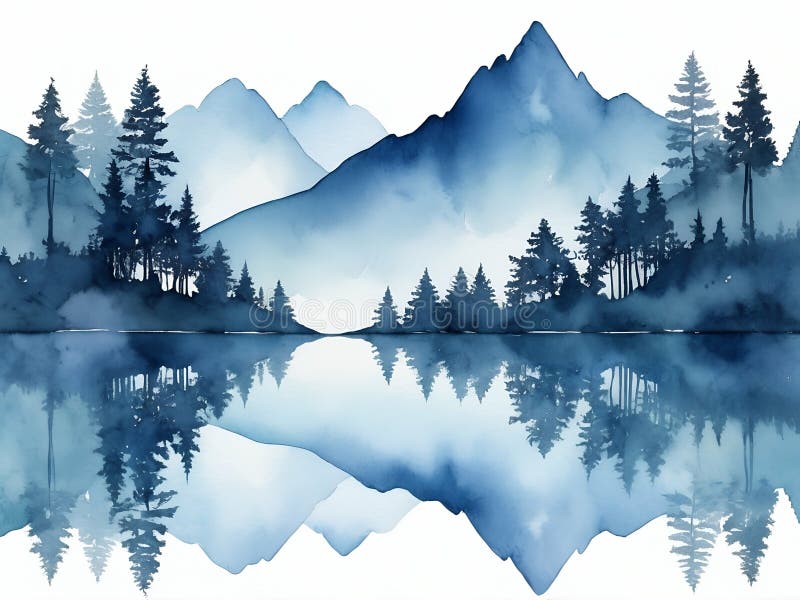 Abstract Watercolor Silhouette Linear Pattern, Border. Blue Mountain ...