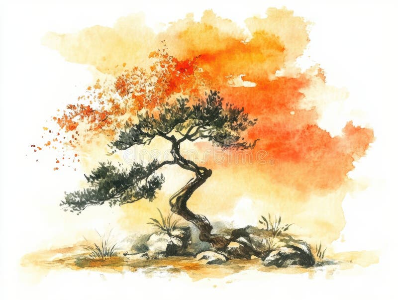 Abstract Watercolor Tree. Watercolor Illustration of Tree. Chinese ...