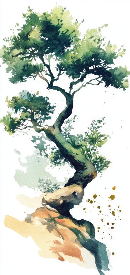 Abstract Watercolor Tree. Watercolor Illustration of Tree. Chinese ...