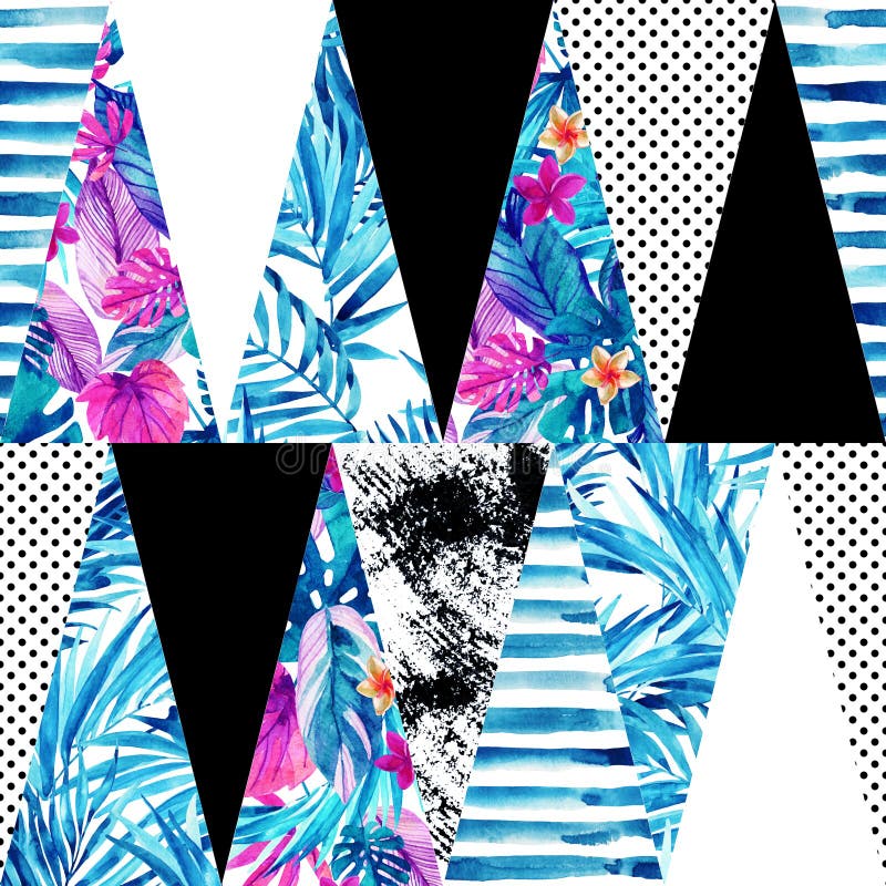 Abstract Watercolor Triangle and Exotic Leaves Seamless Pattern. Stock ...