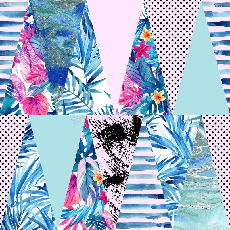 Abstract Watercolor Triangle and Exotic Leaves Seamless Pattern. Stock ...