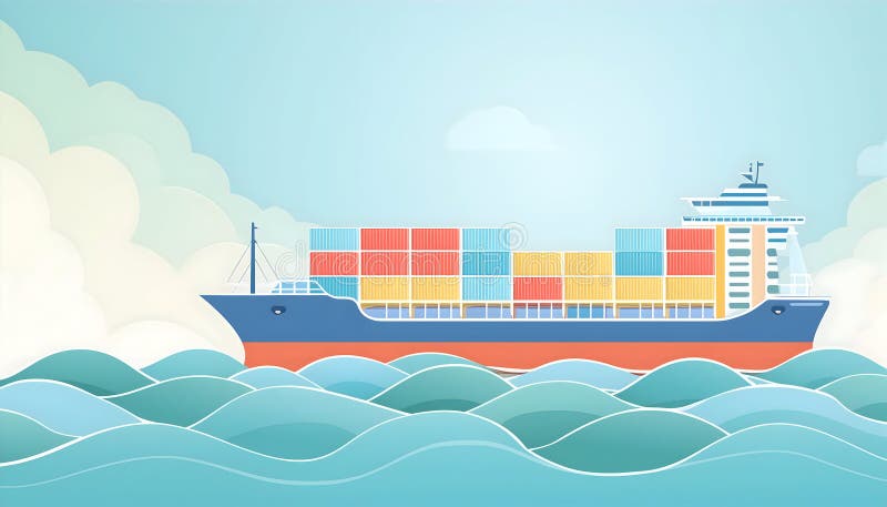 Watercolor Vintage Wave Container Cargo Freight Ship on Digital Art ...