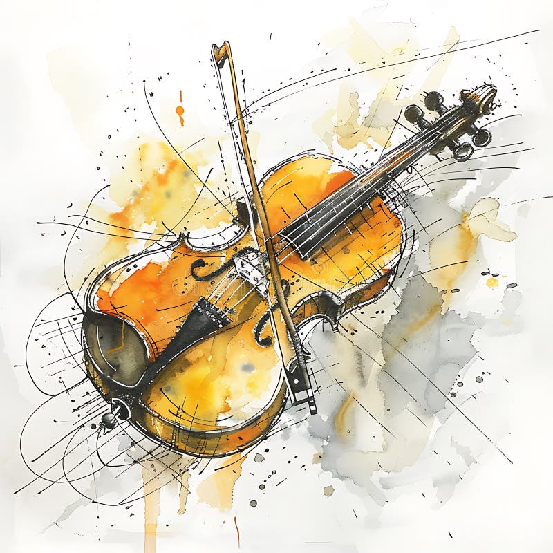 Abstract Watercolor Violin and Bow Artwork Stock Illustration ...