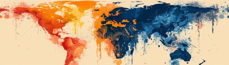 Abstract Watercolor World Map in Blue, Orange and Red Stock ...