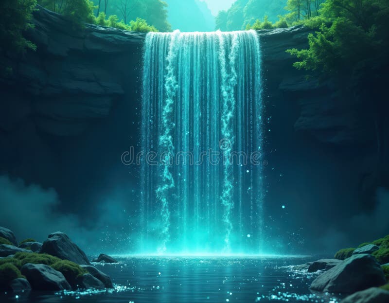 Abstract Waterfall with Binary Code Flows Down Dark Rocks. Blue, Green ...