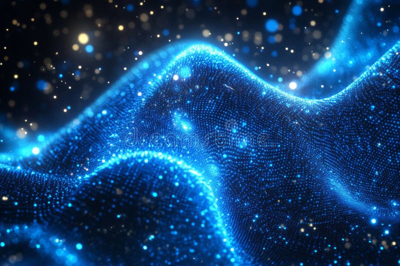 An Abstract Wave of Blue Particles Glides Smoothly on a Black ...
