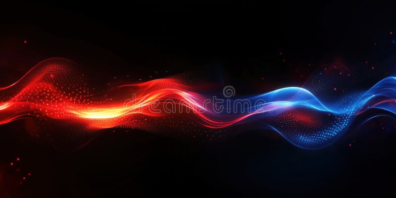 Abstract Wave Design in Red and Blue Colors with Glowing Particles and ...
