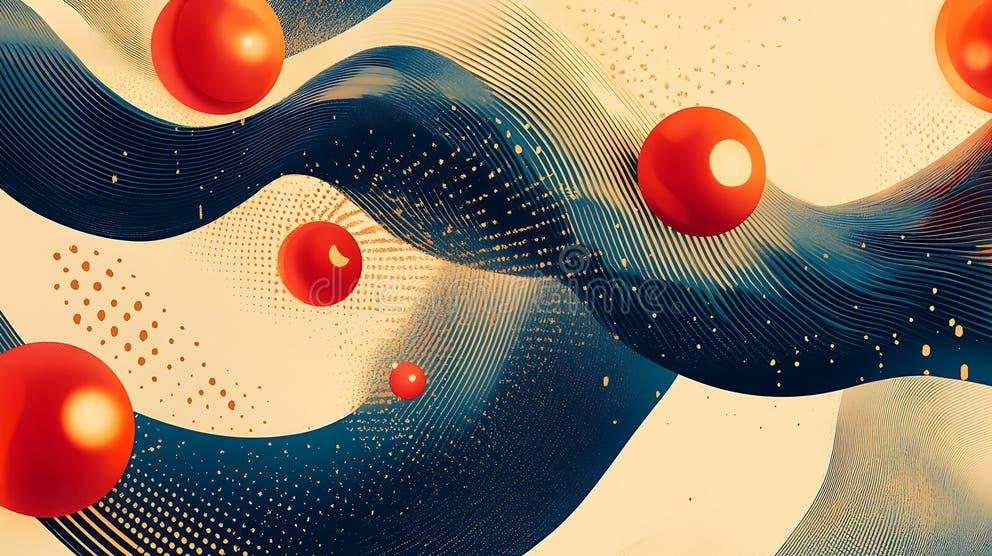 Abstract Wave Design with Red Spheres Floating Above Textured Surfaces ...