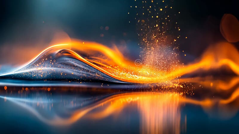 Abstract Wave of Fire and Sparks Flowing Over a Smooth Dark Surface ...