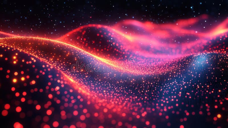 Abstract Wave of Glowing Particles. Digital Landscape. Data Flow. Red ...