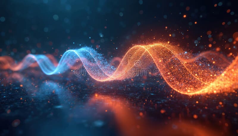 Abstract Wave of Glowing Particles in Orange, Blue Lights Creates ...