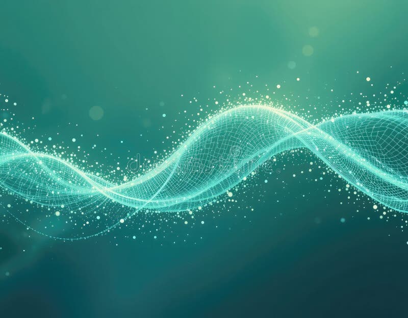 Abstract Wave Pattern with Glowing Particles on Teal Background Stock ...