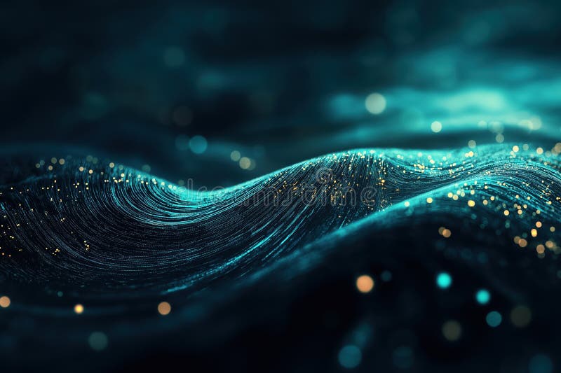 Abstract Wave Texture with Shimmering Blue and Gold Particles. Fluid ...