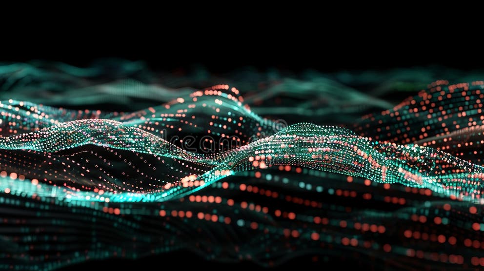 Abstract Waveform of Binary Data Visualization with Glowing Points and ...