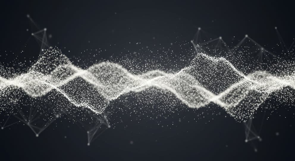 Abstract Waveform Data Visualization White Particle Wave Flowing Across a Dark Gray Background ...