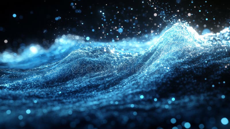 Abstract Waves of Blue Light with Glowing Particles on a Dark Setting ...
