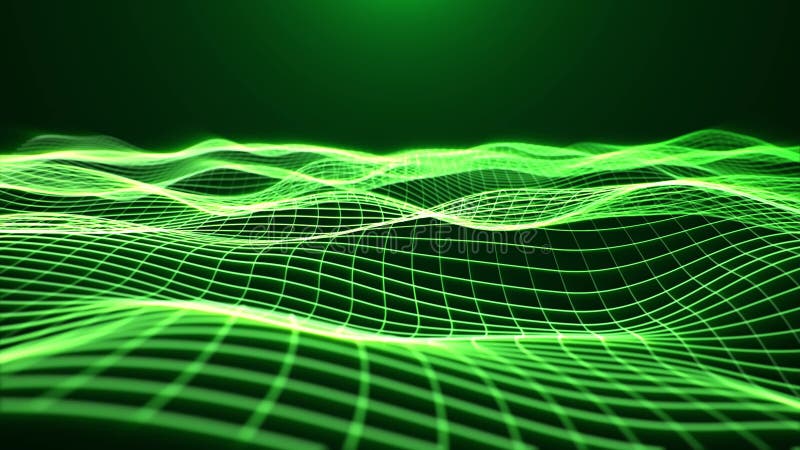 Abstract Waves Field with Glowing Green Grid Made of Bright Lines with ...