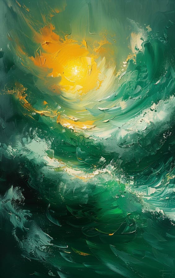 Abstract Waves of Green and Yellow,flow with Sun Rays Pierce through ...
