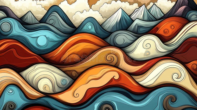 Abstract Waves and Mountains in Vibrant Colors Create a Dynamic ...