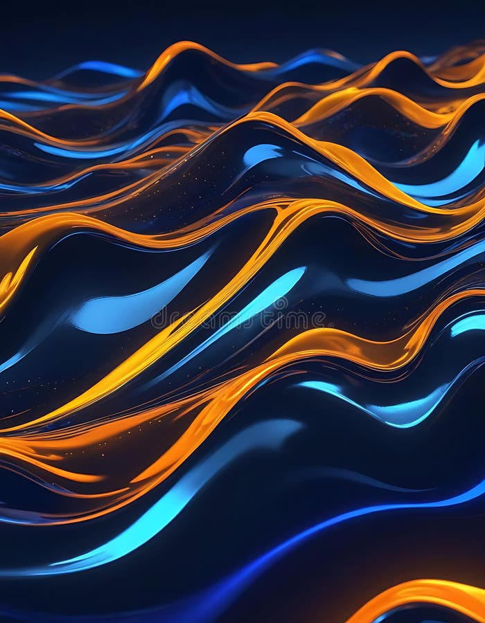 Abstract Waves of Neon Blue and Orange Light with Reflective Surfaces ...