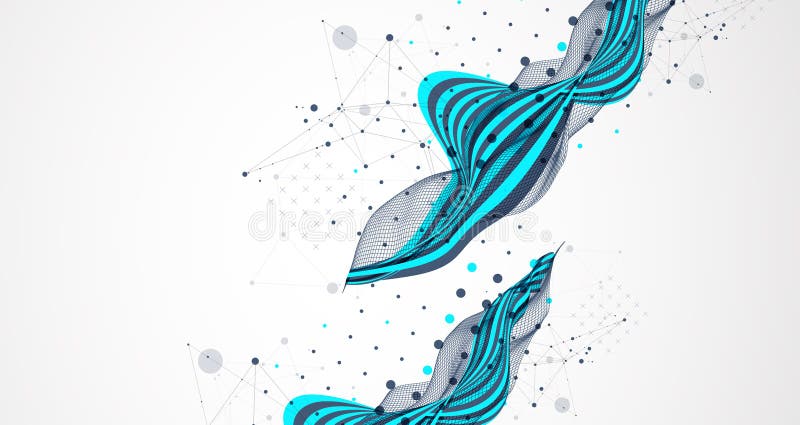 Abstract Wavy Background with Cyan Lines and Wireframe Wave. Vector ...