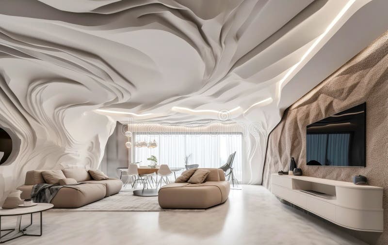 Abstract Wavy Ceiling in Futuristic Interior Design of Modern Living ...