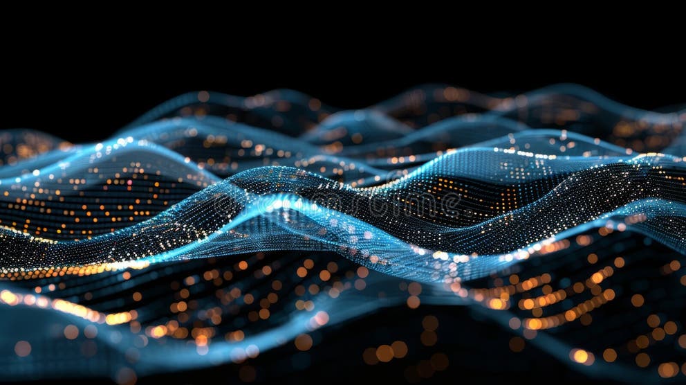 Abstract Wavy Dotted Data Flow Visualization on Black Background Stock ...