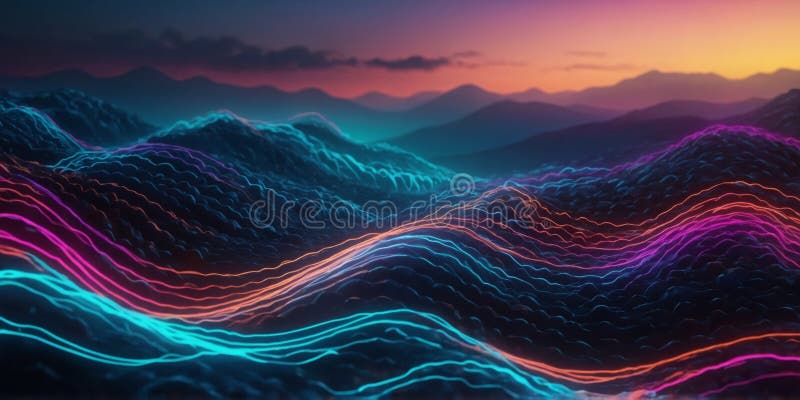Abstract Wavy Landscape with Neon Lights. Stock Photo - Image of lights ...