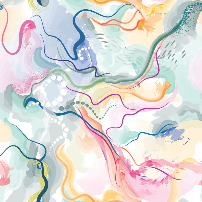 Abstract Wavy Lines. Watercolor Drawing Seamless Pattern. Gentle ...