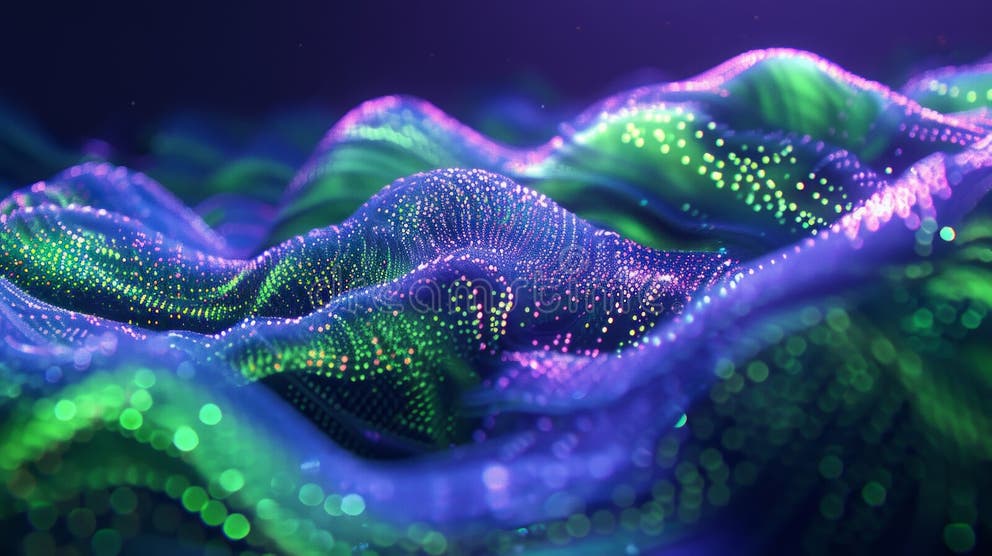 Abstract Wavy Particle Surface: Digital Technology Backdrop, Green and Blue Gradient, Futuristic ...