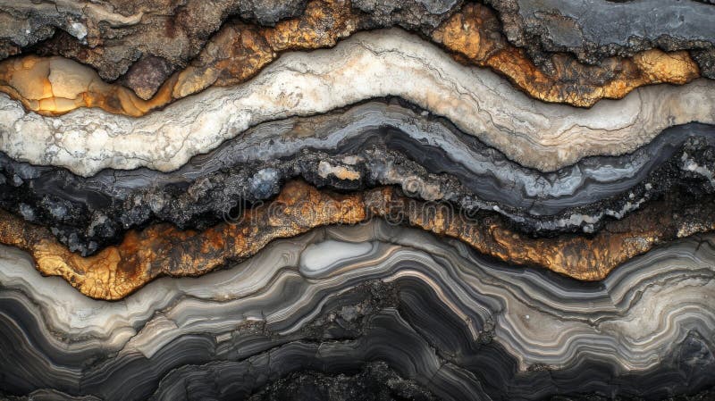 Abstract Wavy Pattern of Black, Gray, and Golden Stone Layers Stock ...