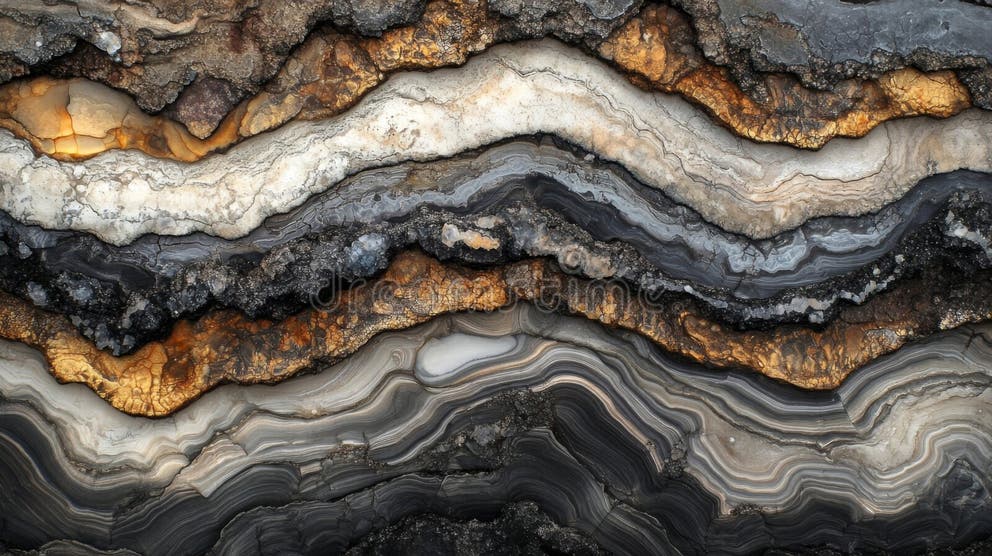 Abstract Wavy Pattern of Black, Gray, and Golden Stone Layers Stock ...