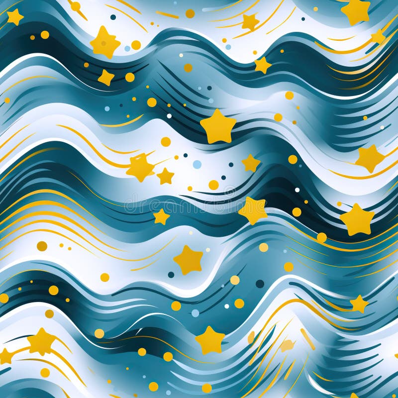 Abstract Wavy Starry Seamless Pattern with Blue Yellow Waves and Stars ...