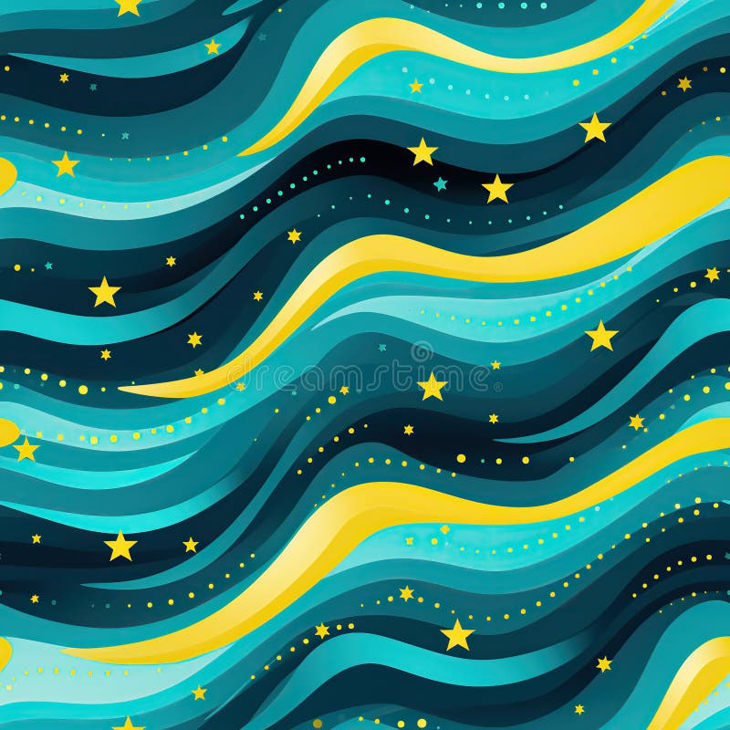 Abstract Wavy Starry Seamless Pattern with Waves and Stars on Blue Green Yellow Background Stock ...