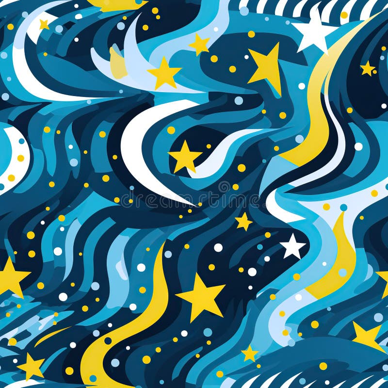 Abstract Wavy Starry Seamless Pattern with Waves and Stars on Blue ...