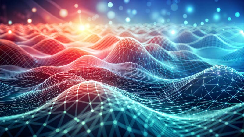 Abstract Wavy Surface with Glowing Red Blue Network Lines Dots, Data ...