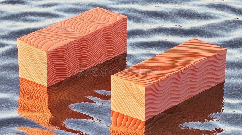 Abstract Wavy Textured Blocks Floating on Reflective Water Surface ...