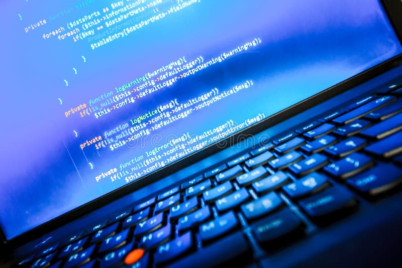 Abstract Web Developer Background Blue Laptop Screen With Php Code Stock Image Image Of