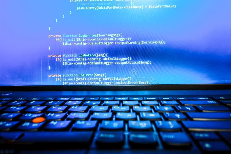 Abstract Web Developer Background. Blue Laptop Screen with PHP Code ... Abstract Web Developer Background. Blue Laptop Screen with PHP Code ...